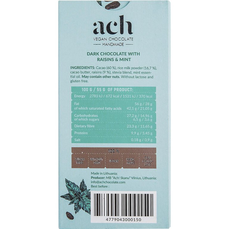 Organic Mint Flavored Dark Chocolate with Raisins - Ach Chocolate